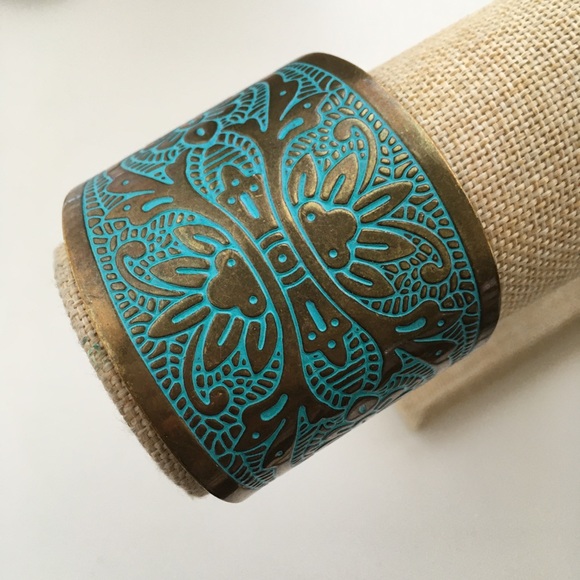 Vintage | Jewelry | Turquoise Blue Raised Floral Motif Wide Bangle ...